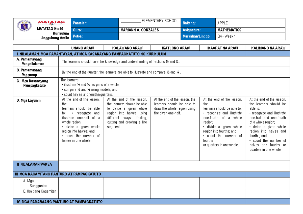 WEEK 1 Q4 MATHEMATICS LESSON NOTES - FRACTIONS AND DIVISION - Studocu