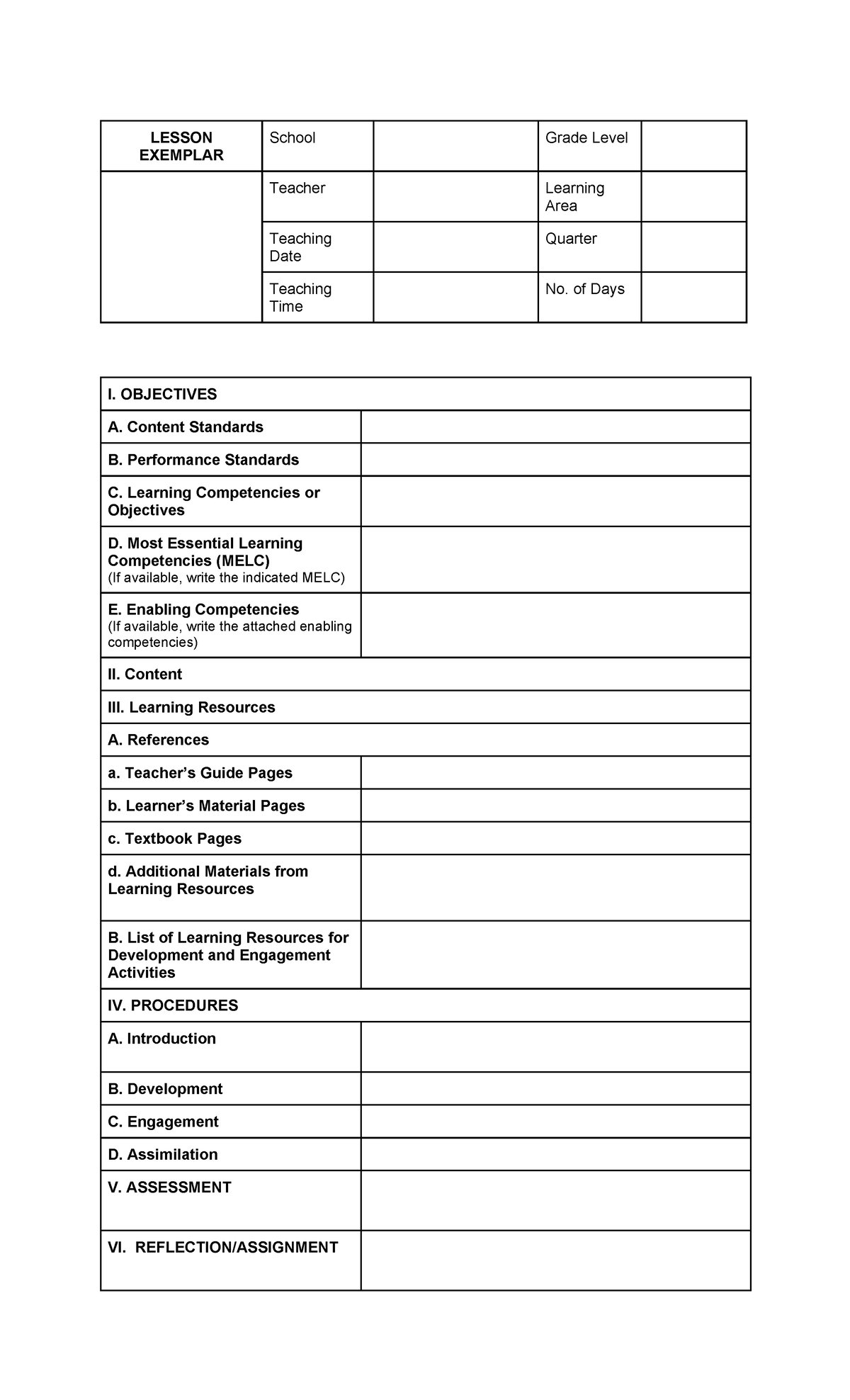 Lesson Exemplar Template (IDEA Format) for Teaching Documentation - Studocu