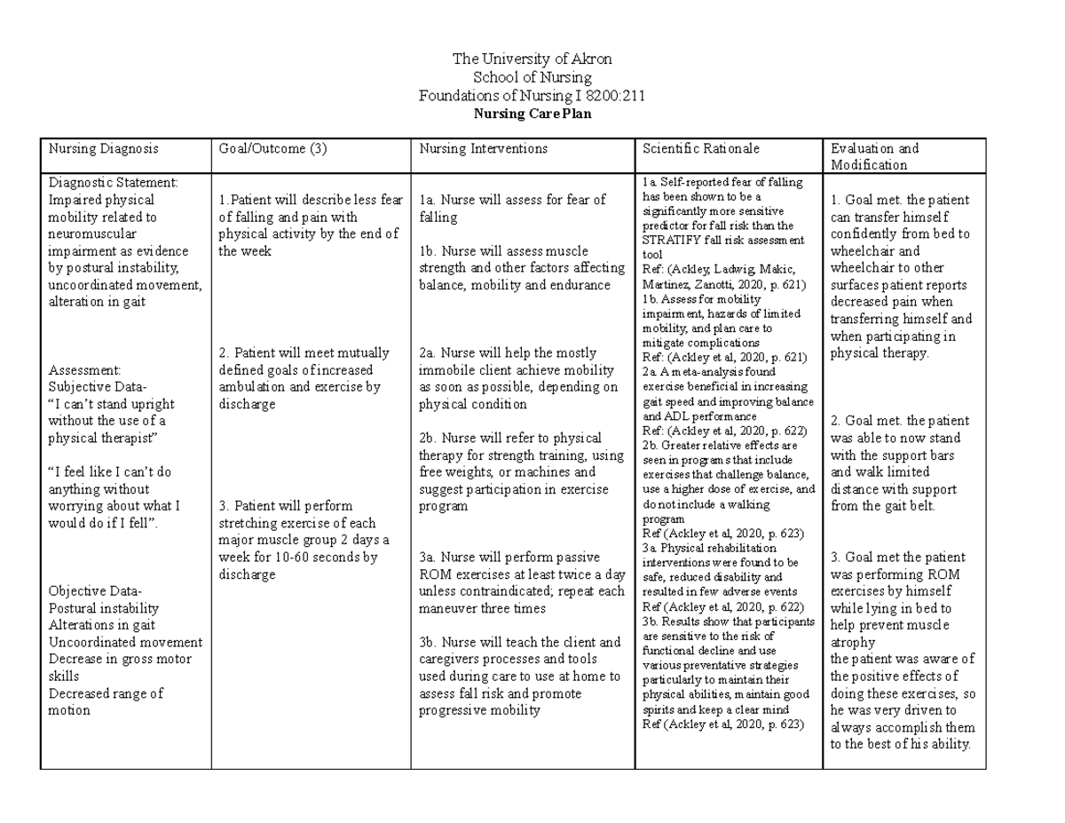 Nursing Care Plan- mobility - The University of Akron School of Nursing ...