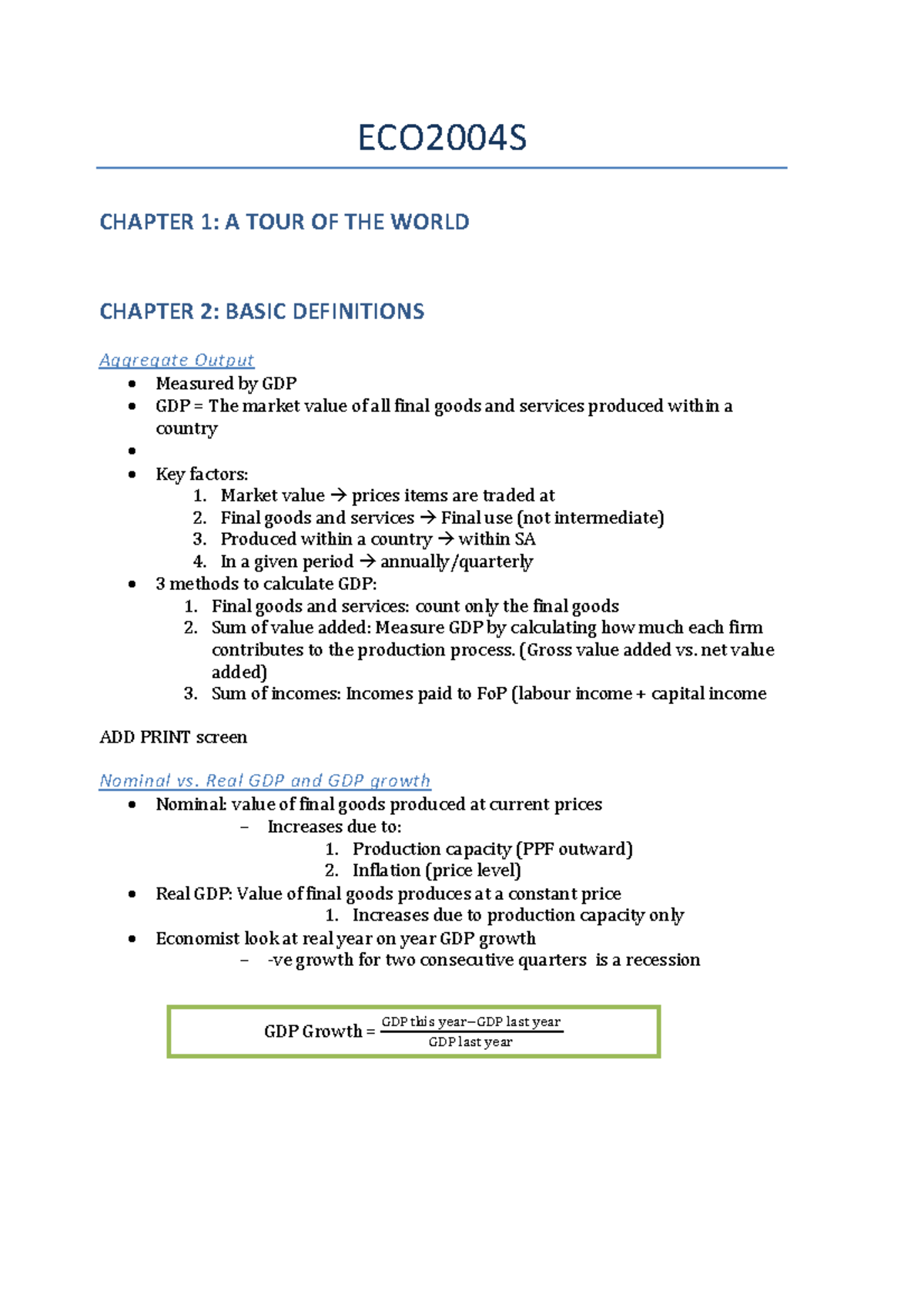 ECO2004S Chapter 1-2 Summary: Key Concepts of GDP and Economic Growth ...