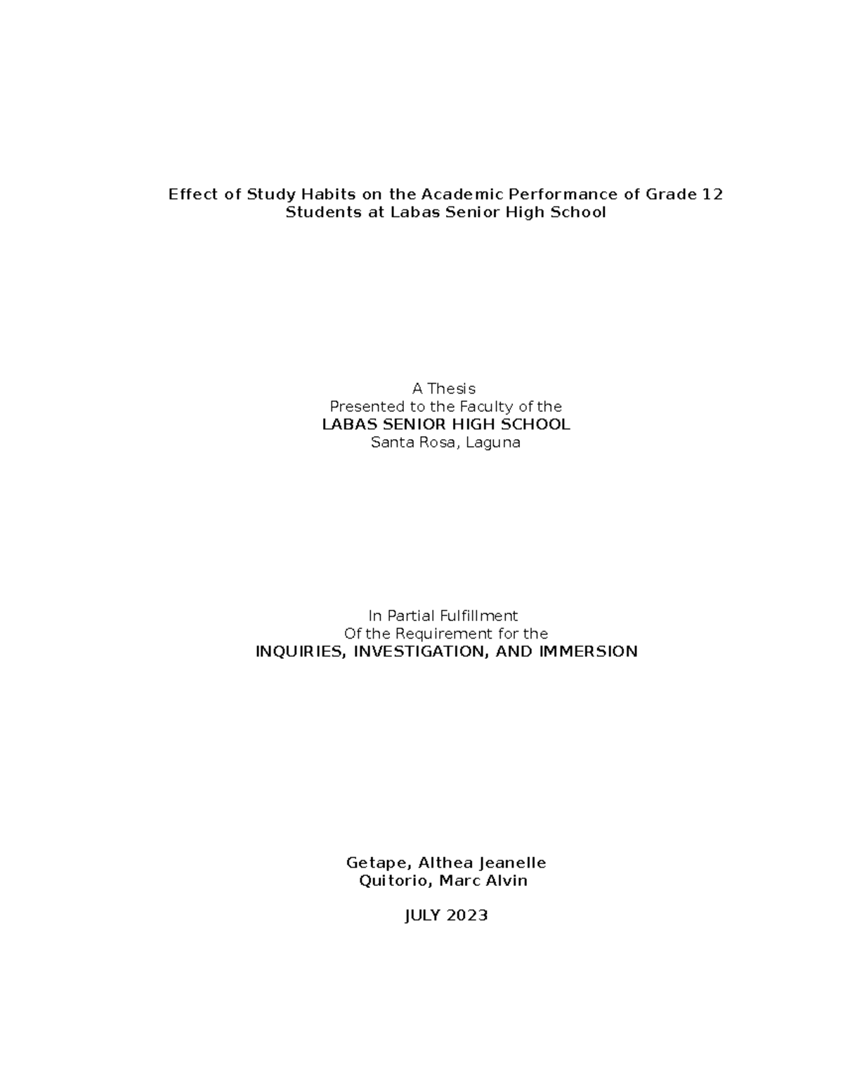Impact of Study Habits on Grade 12 Academic Performance at Labas SHS ...
