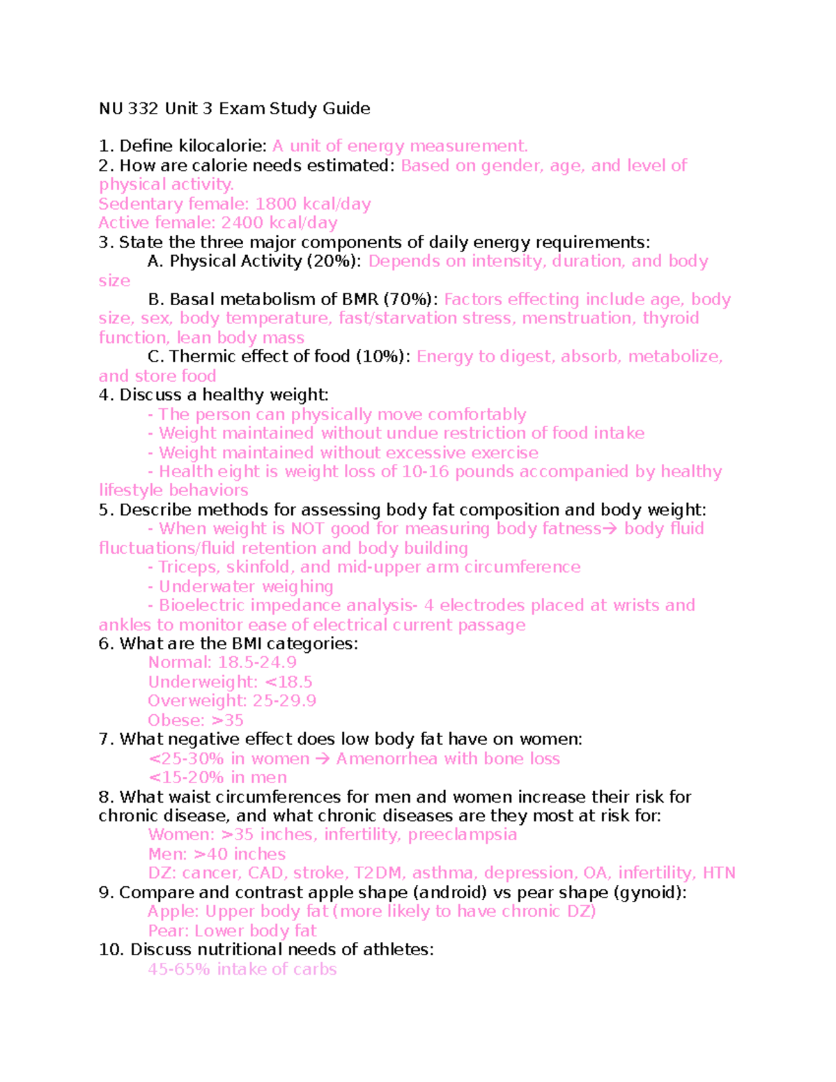 NU 332 Unit 3 Nutrition Exam Study Guide and Key Concepts - Studocu