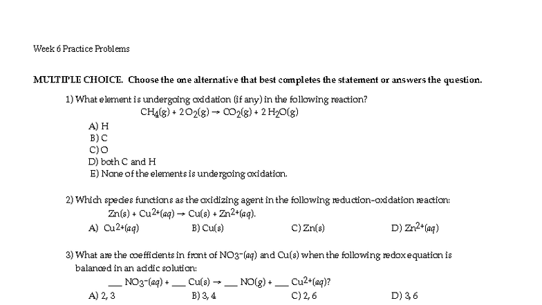 Week 6 Practice Problems: Redox Reactions & Electrochemistry - Studeersnel