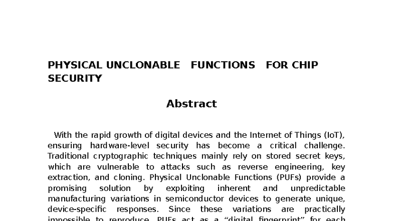 PHYSICAL UNCLONABLE FUNCTIONS IN CHIP SECURITY: A STUDY - Studocu