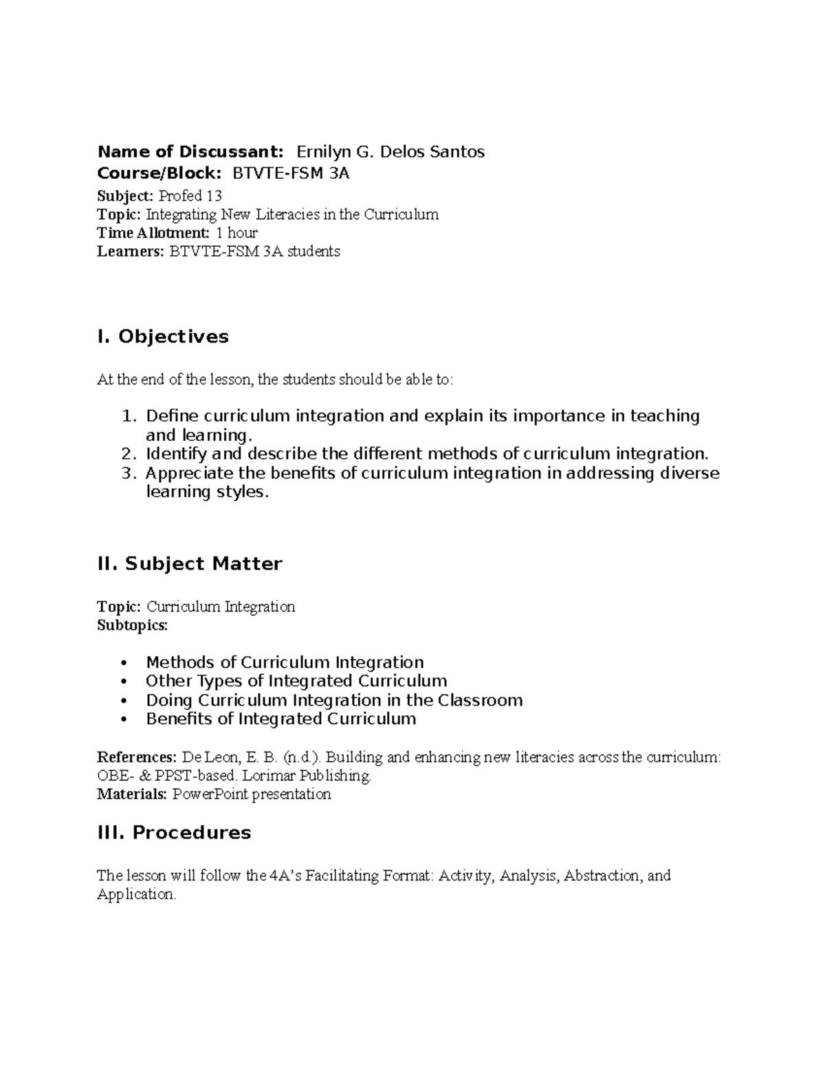 Profed 13: Lesson Plan on Curriculum Integration for 3A Students - Studocu