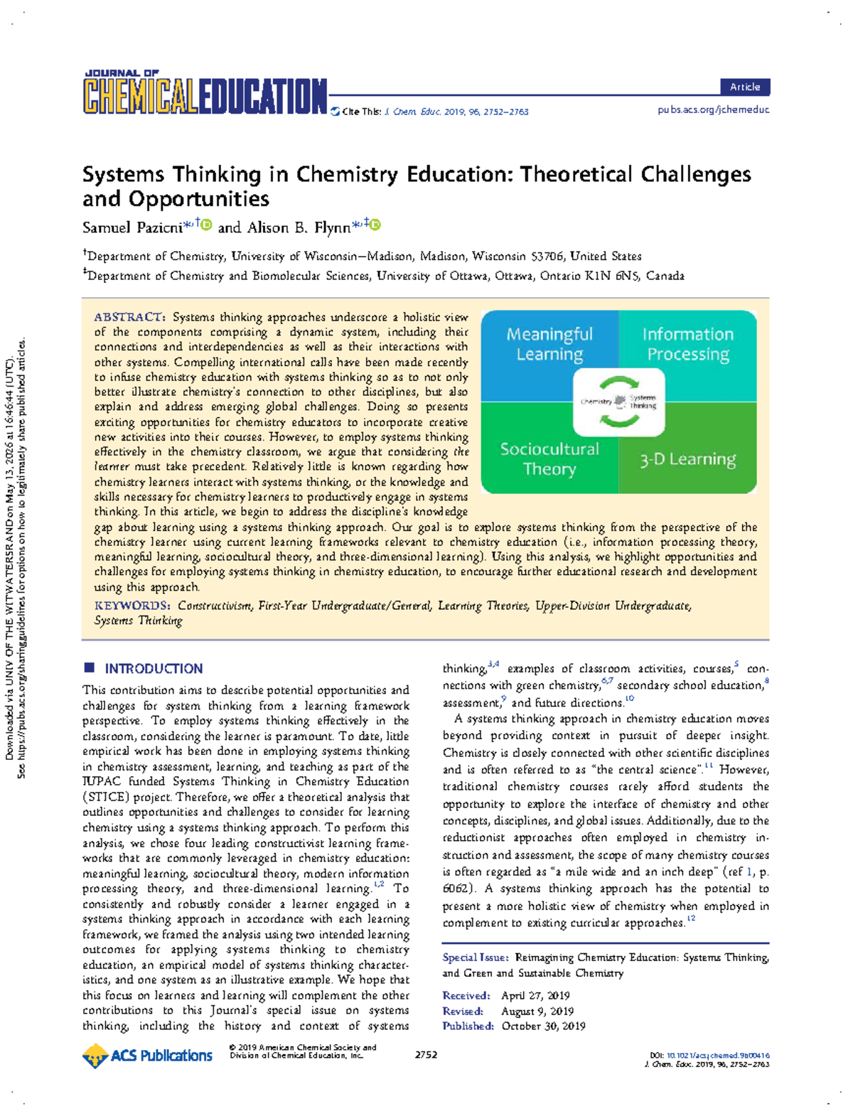 Systems Thinking in Chemistry Education: Theoretical Challenges ...