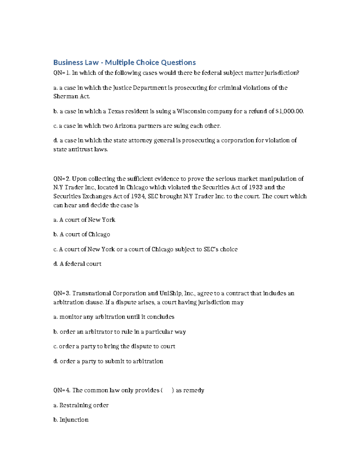 Business Law MCQs: Federal Jurisdiction & Remedies - Studocu
