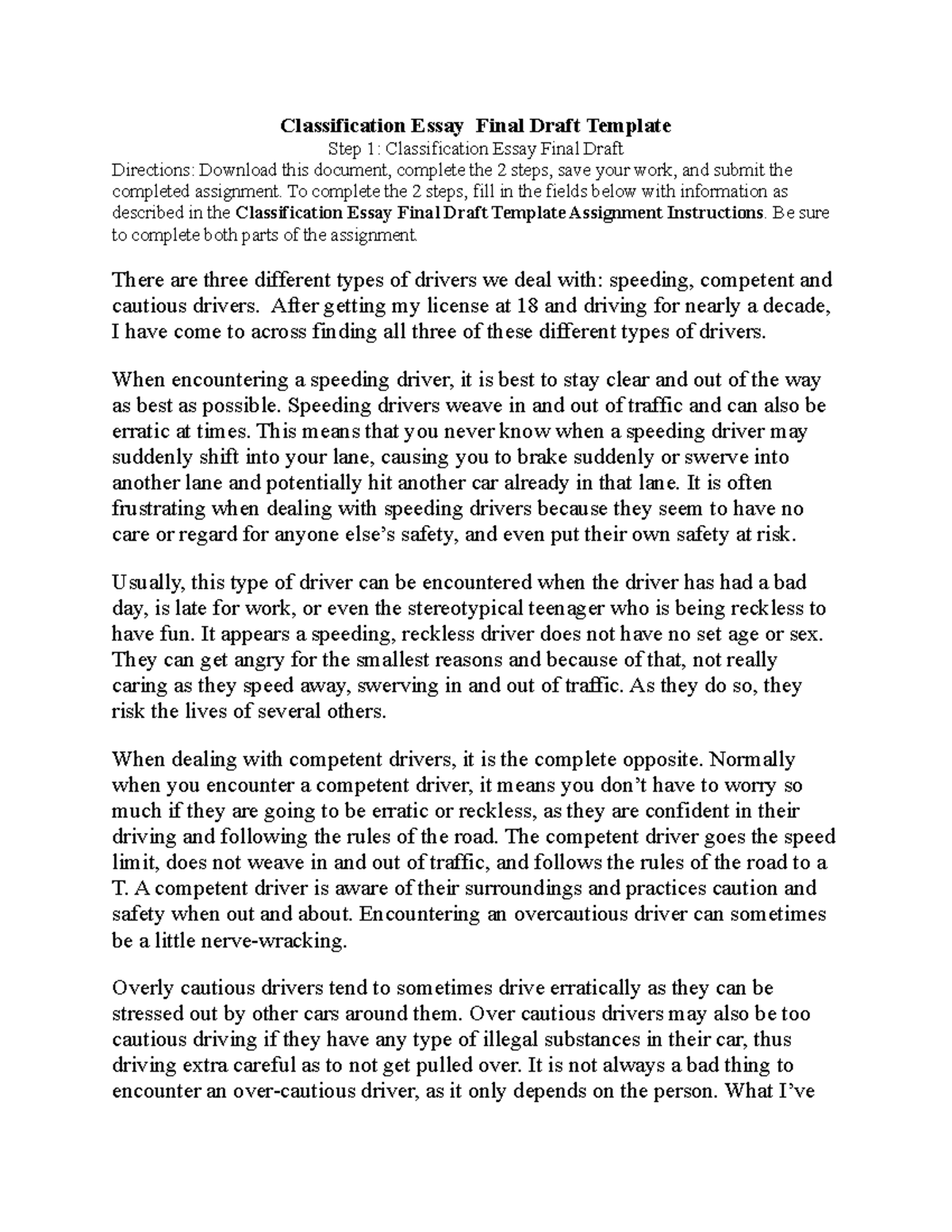 Classification Essay: 3 Types of Drivers Explored - Studocu