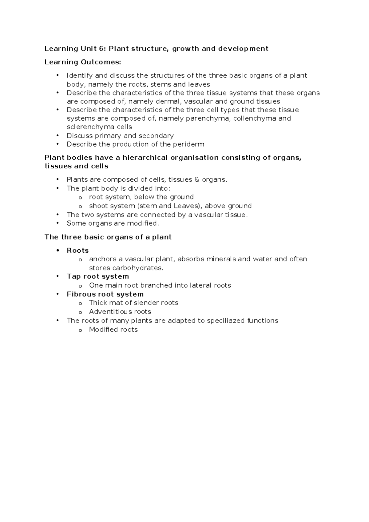 Learning Unit 6: Plant Structure, Growth & Development Notes - Studocu