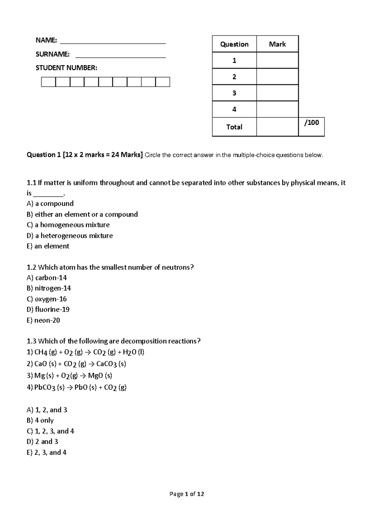 2024 CEM01A1 Final Exam - Chemistry Questions and Answers - Studocu