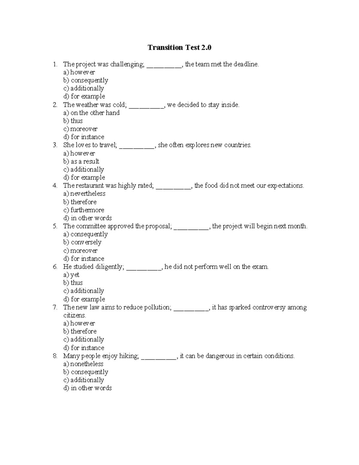 Transition Test 2 - Practice Questions and Answers - Studocu