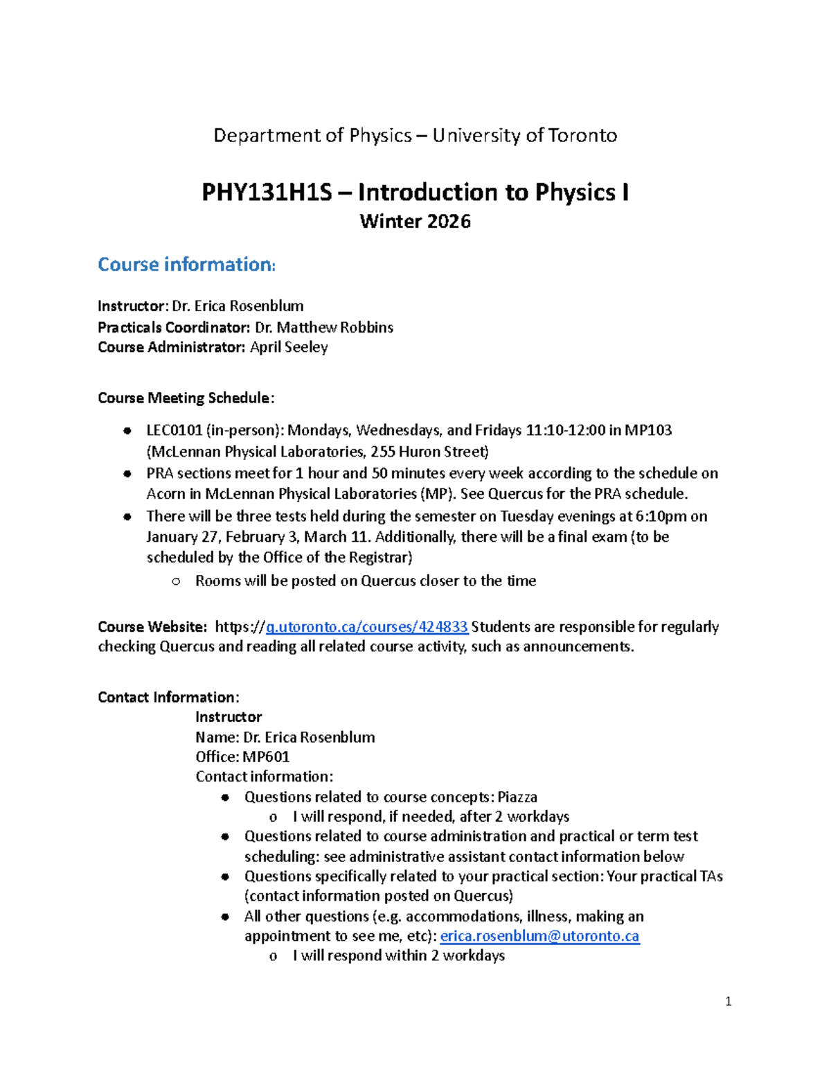 PHY131H1S Syllabus: Introduction to Physics I - Winter 2026 - Studocu
