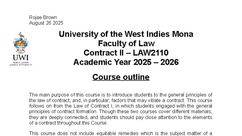 Contract II LAW2110 Course Outline and Key Topics (2025-2026) - Studocu