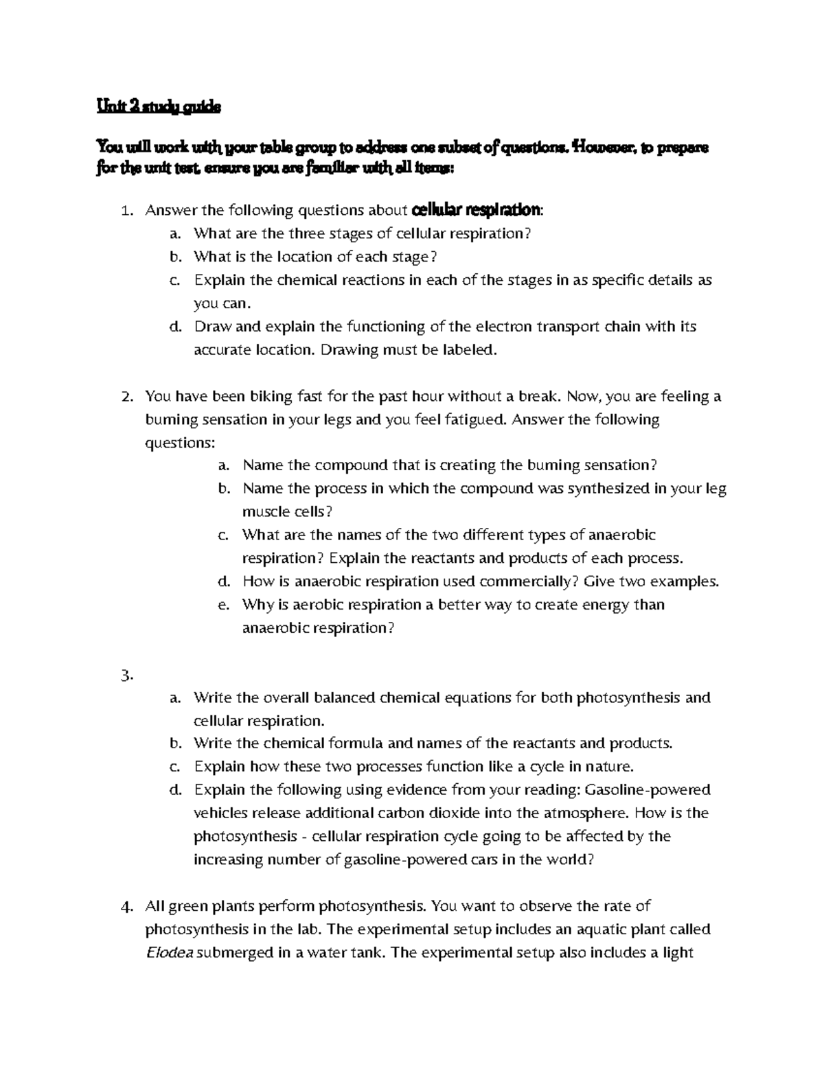 Unit 2 Test Study Guide: Cellular Respiration & Photosynthesis - Studocu