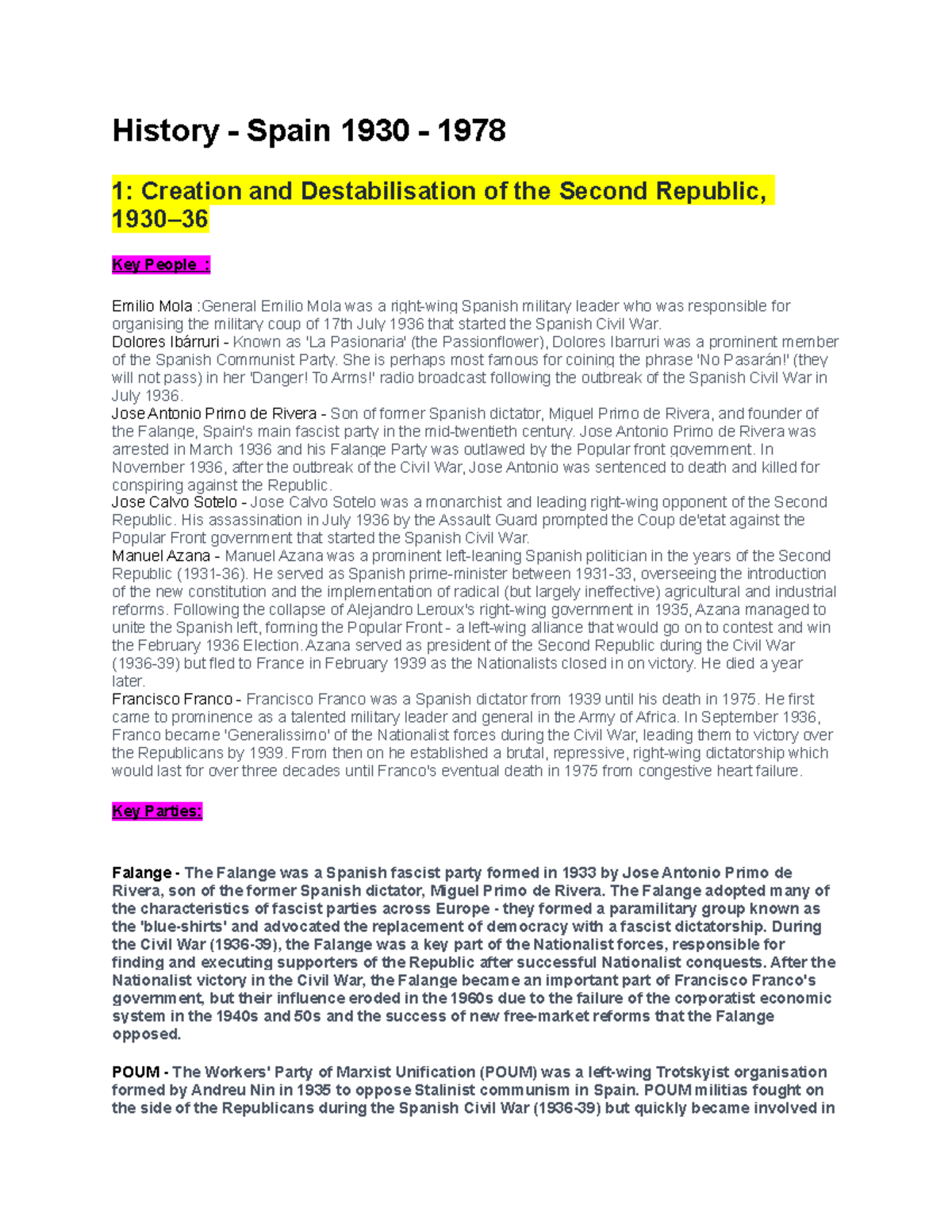 History of Spain: Key Events from 1930 to 1978 - Lecture Notes - Studocu