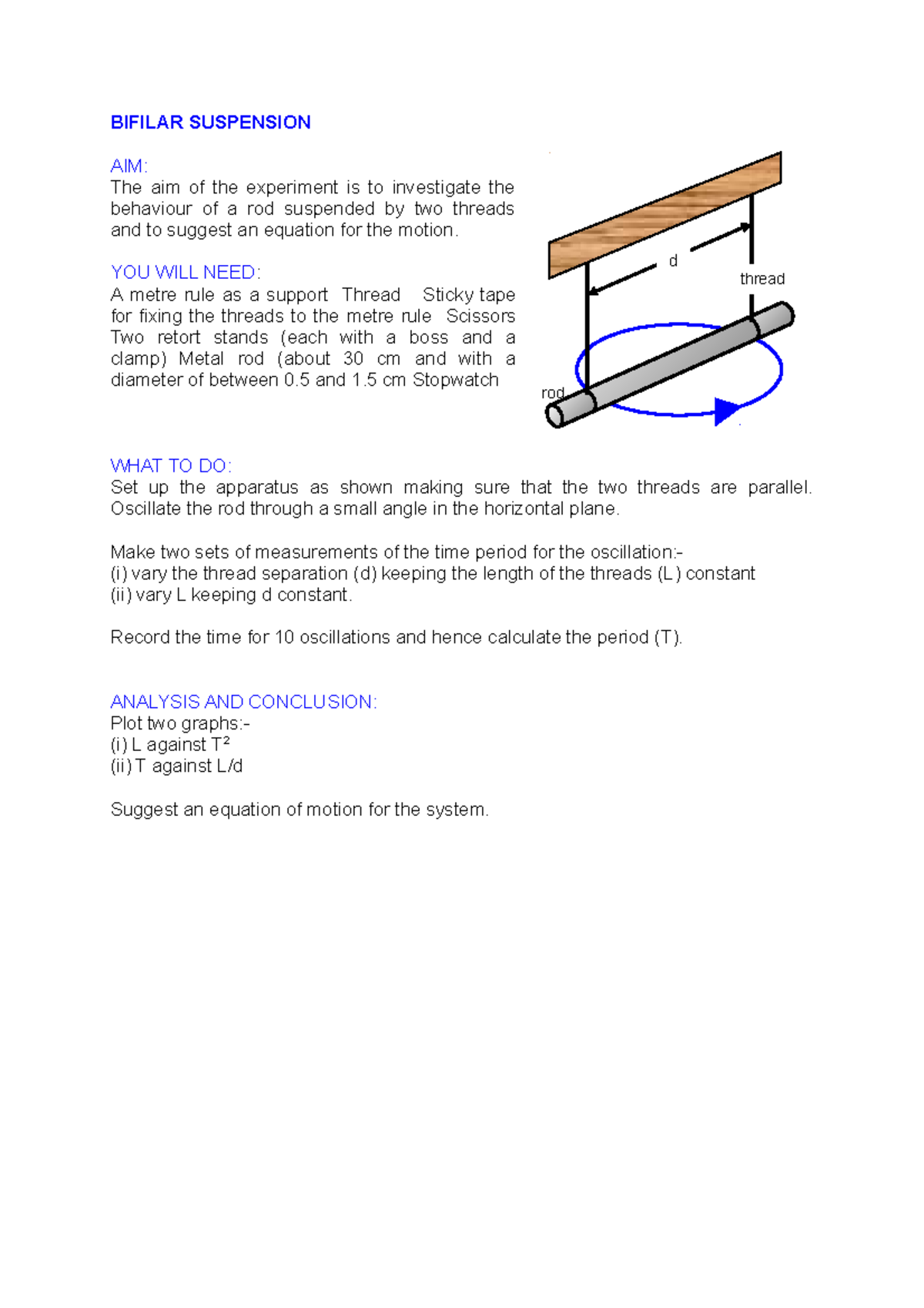 Bifilar suspicions on physics practical - BIFILAR SUSPENSION AIM: The ...