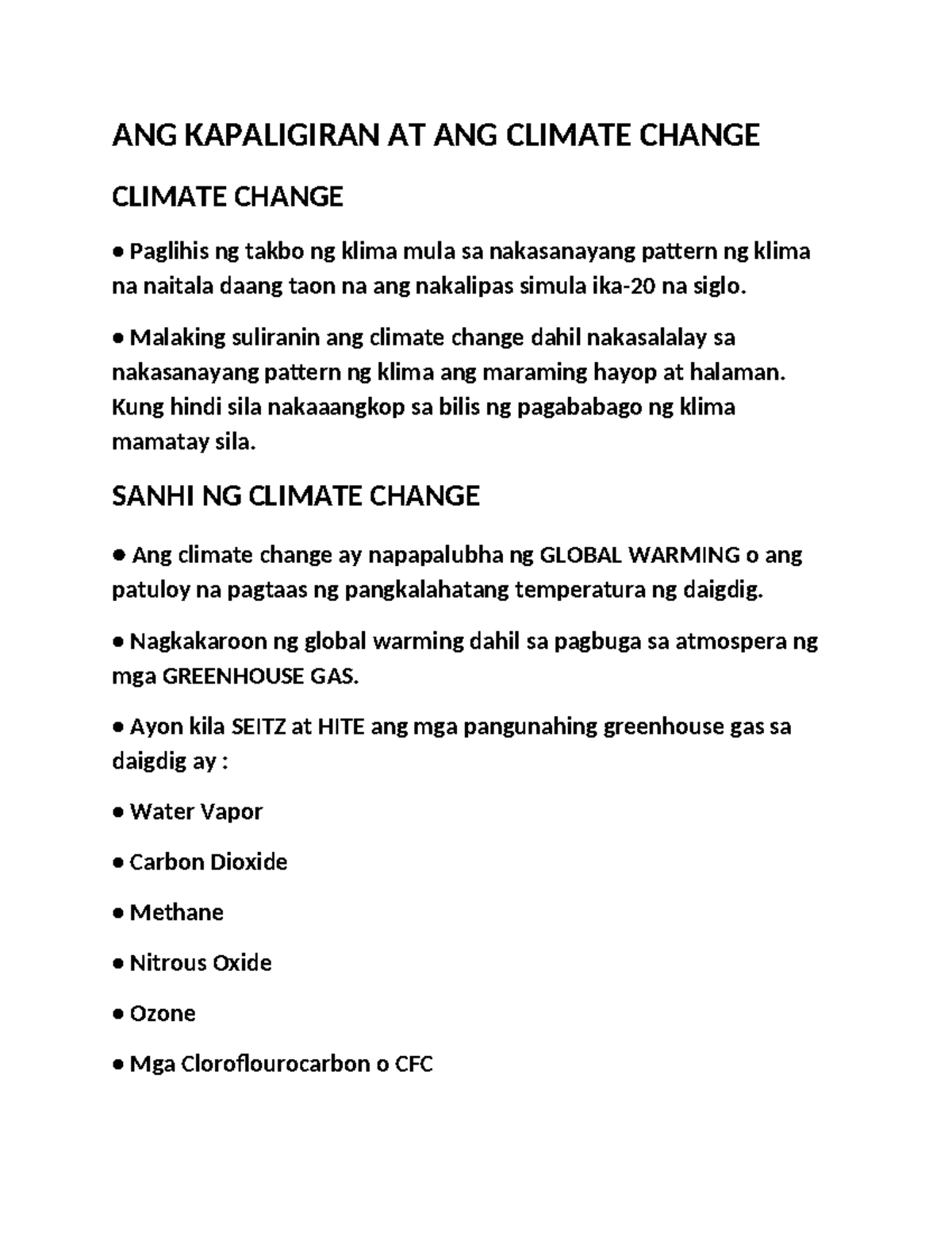 ANG KAPALIGIRAN AT CLIMATE CHANGE: MGA SANHI, DULOT, AT SOLUSYON - Studocu