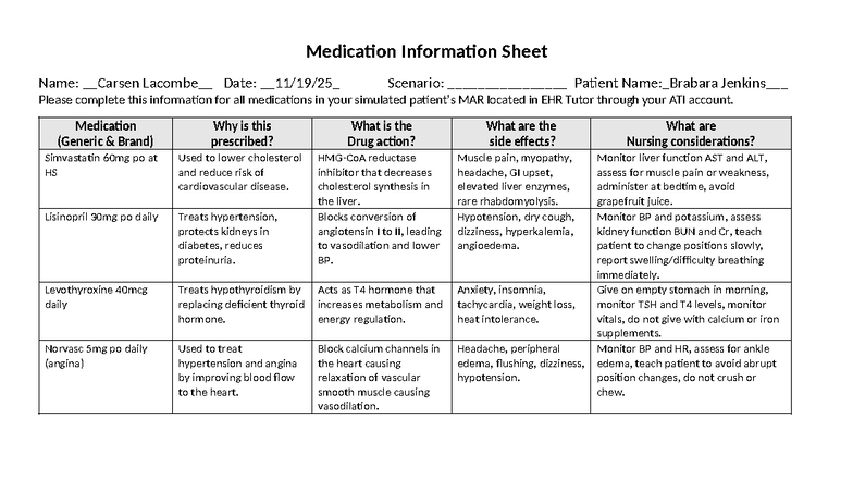 Simulation Medication Form - Medication Information Sheet Name: Carsen ...