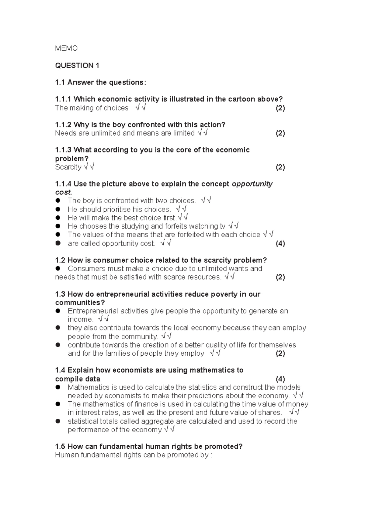 Economics Assignment MEMO: Understanding Scarcity and Choices - Studocu