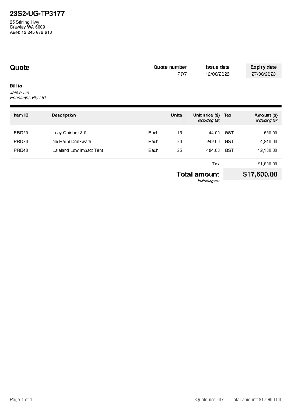 Quote-207 AIS myob assignment - 23S2-UG-TP 35 Stirling Hwy Crawley WA ...