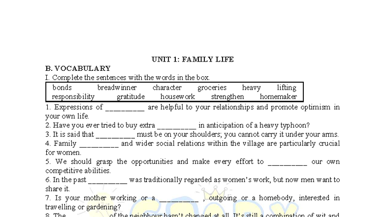 UNIT 1: FAMILY LIFE - VOCABULARY & READING COMPREHENSION TEST - Studocu