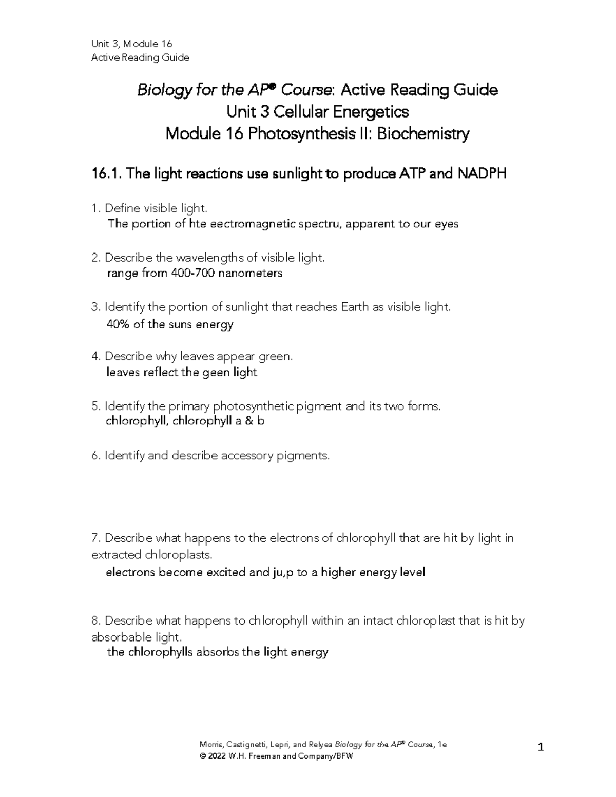 Module 16 RG - Photosynthesis II: Biochemistry Homework Answers - Studocu