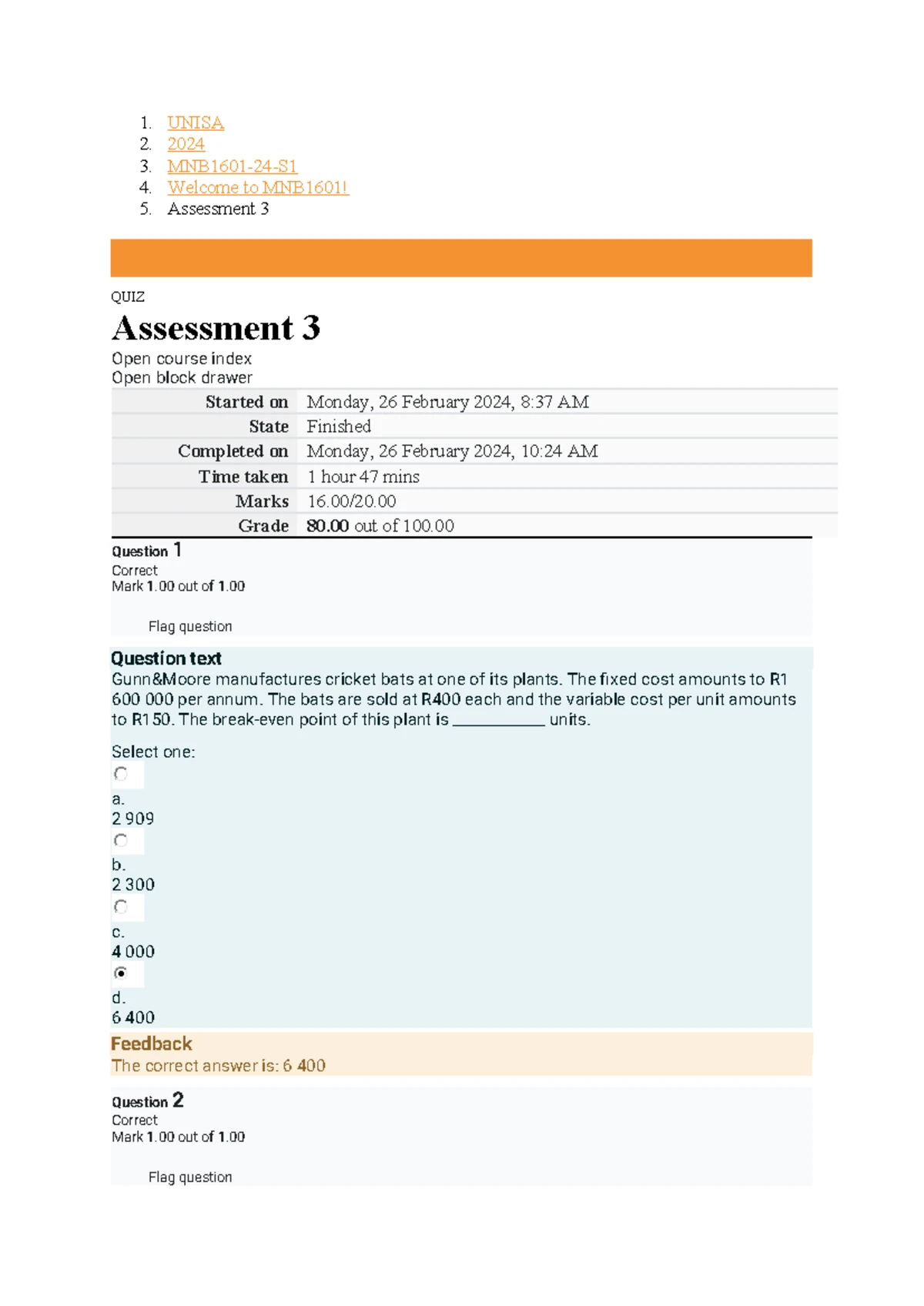 MNB1601 Assessment 4 Attempt review - MNB1601-23-S2 Welcome to MNB1601 ...