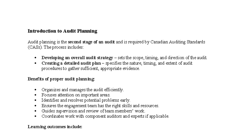 Chapter 6 - Planning: Introduction to Audit Planning (AUD 101) - Studocu