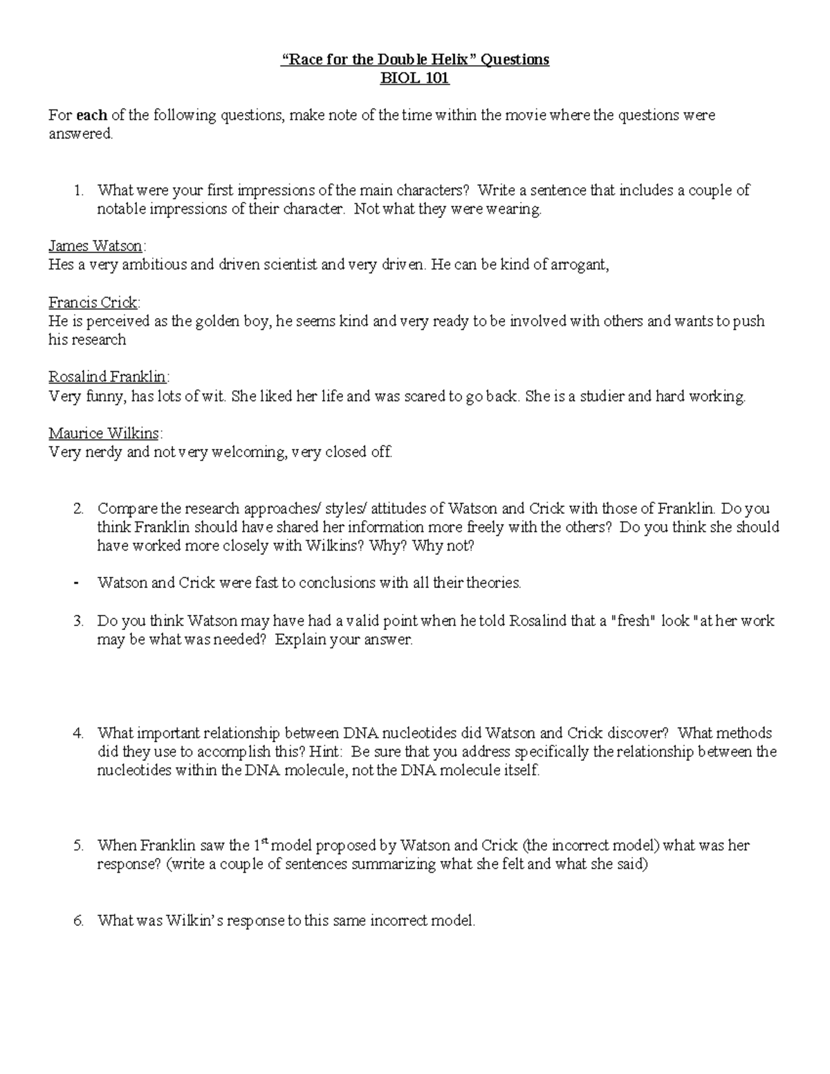 BIOL 101: Race for the Double Helix Discussion Questions - Studocu