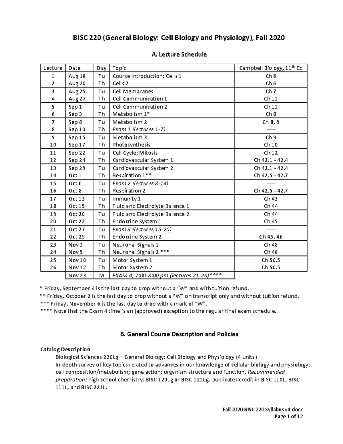 BISC 220 Fall 2020 Lecture Schedule: Cell Biology & Physiology - Studocu