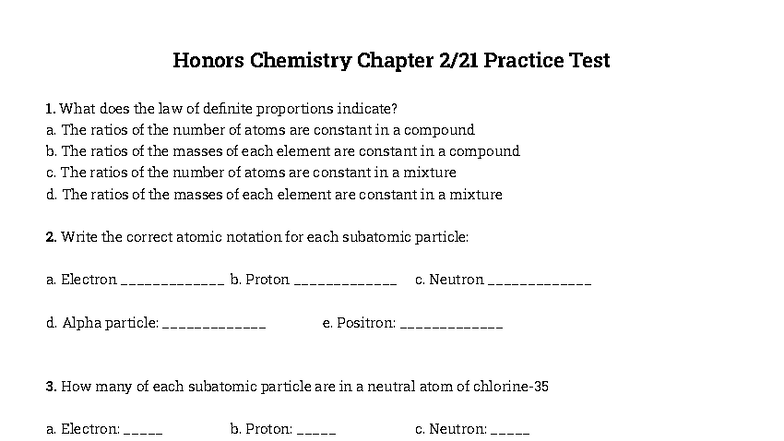 HC Honors Chemistry Chapter 2 & 21 Practice Test Questions - Studocu