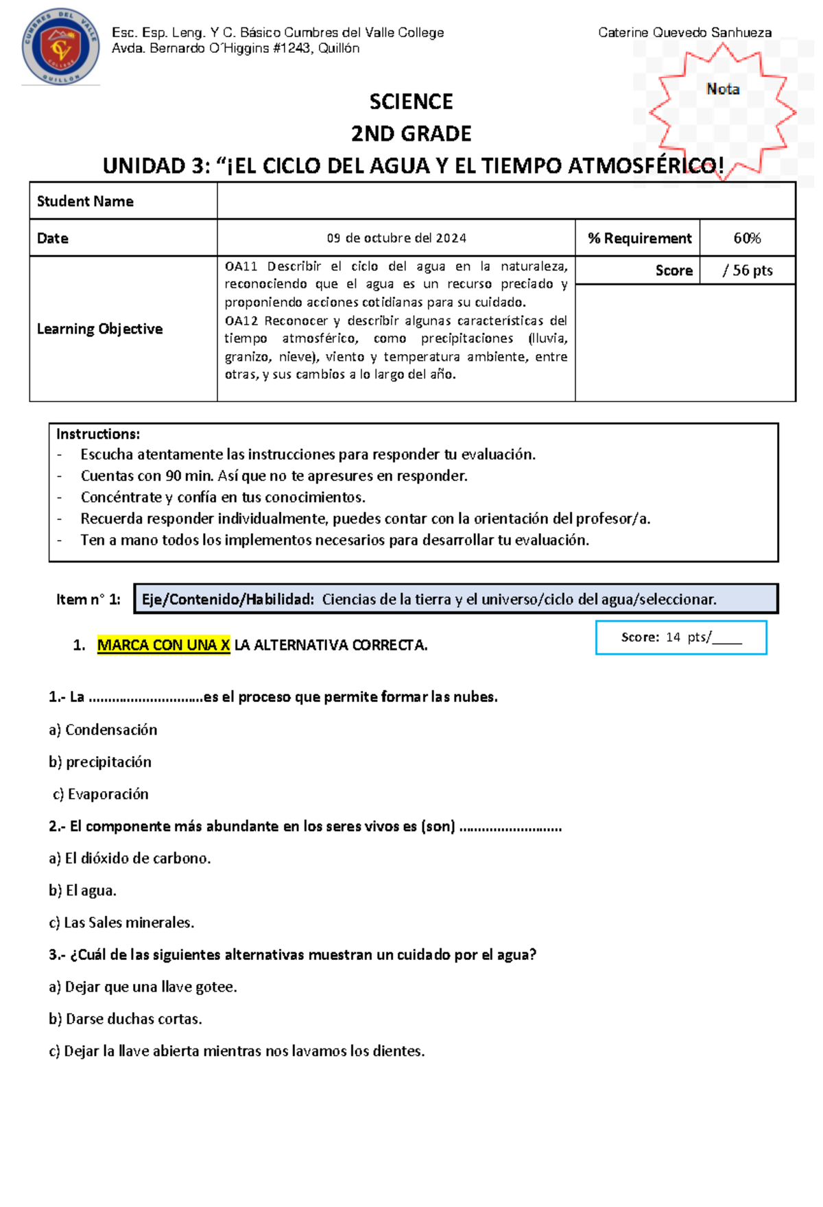 Evaluación de Ciencias 2° Grado: Ciclo del Agua y Tiempo Atmosférico ...