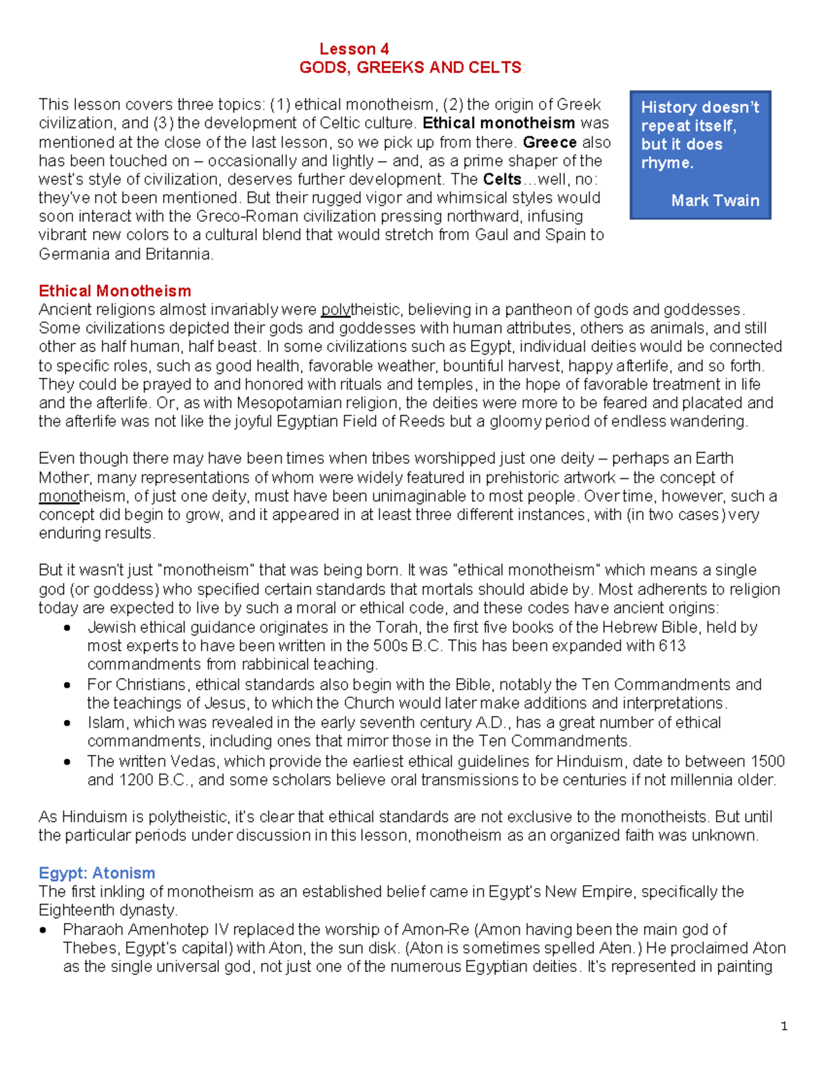 Lesson 4: Ethical Monotheism, Greek Civilization & Celtic Culture - Studocu