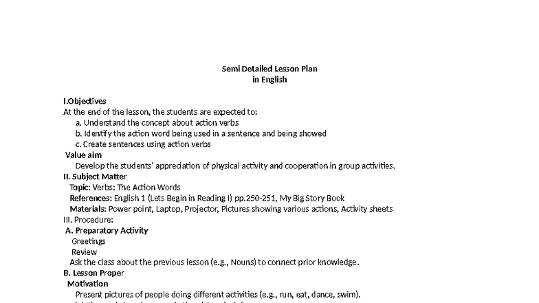 Semi-Detailed Lesson Plan: Action Verbs in English I - Studocu