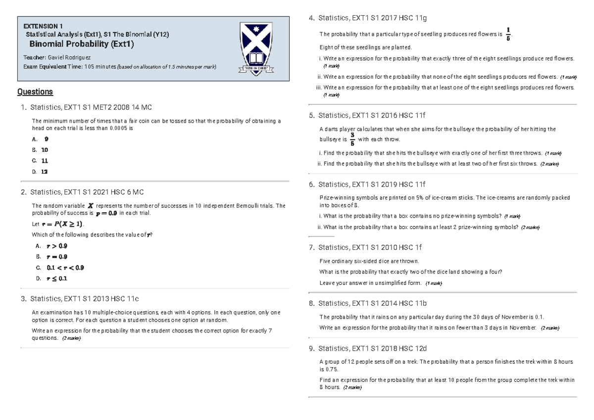 HSC Binomial Probability - 1. Statistics, EXT1 S1 MET2 2008 14 MC 2 ...