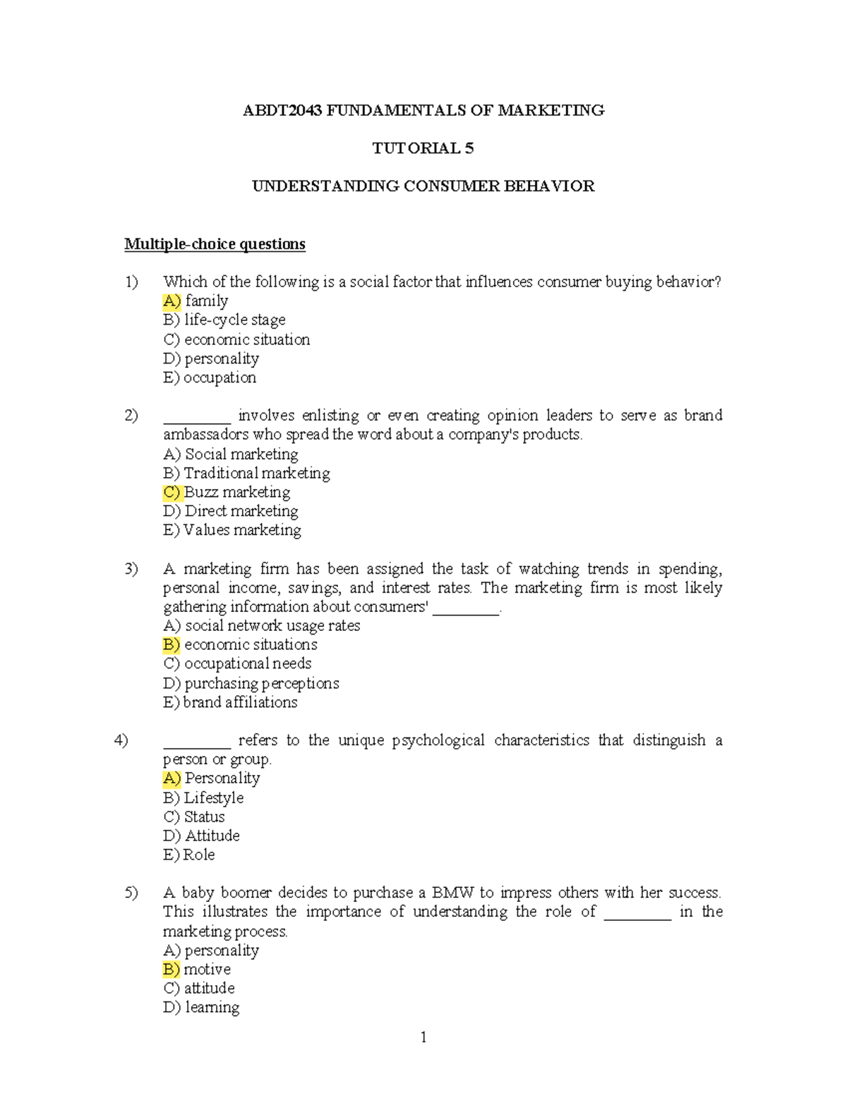 Marketing Tutorial 5 - ABDT2043 FUNDAMENTALS OF MARKETING TUTORIAL 5 ...