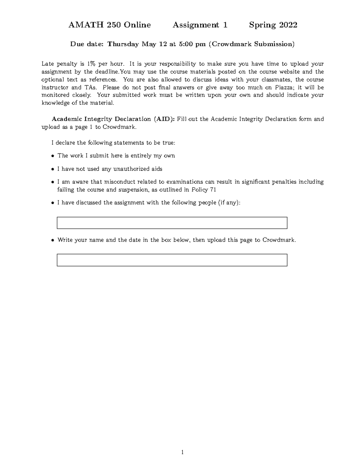 Amath 250assign - AMATH 250 Online Assignment 1 Spring 2022 Due date ...