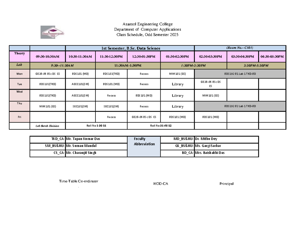 CA BSC DS 1ST ODD SEM 2025 CLASS SCHEDULE (ROOM C101) - Studocu