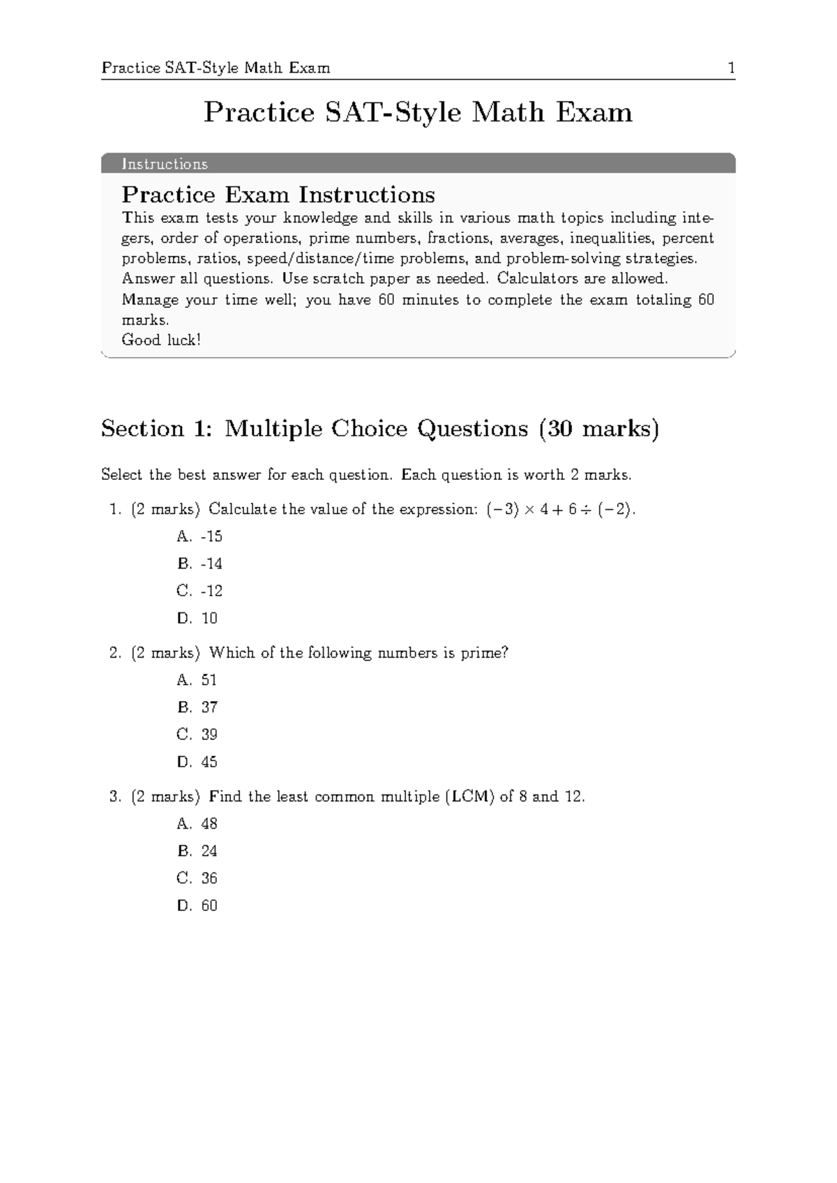 SAT Math Exam Practice Instructions and Guidelines - Studocu
