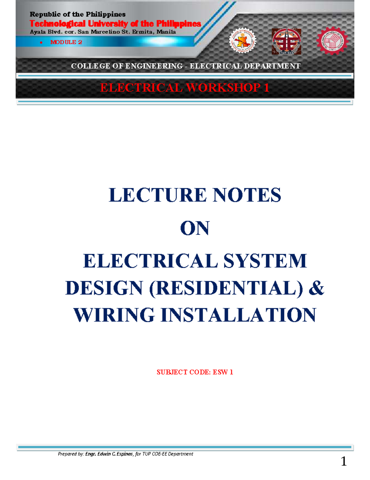 ESW 1 Module #2 - Prepared by: Engr. Edwin C. Espinas, for TUP COE-EE ...