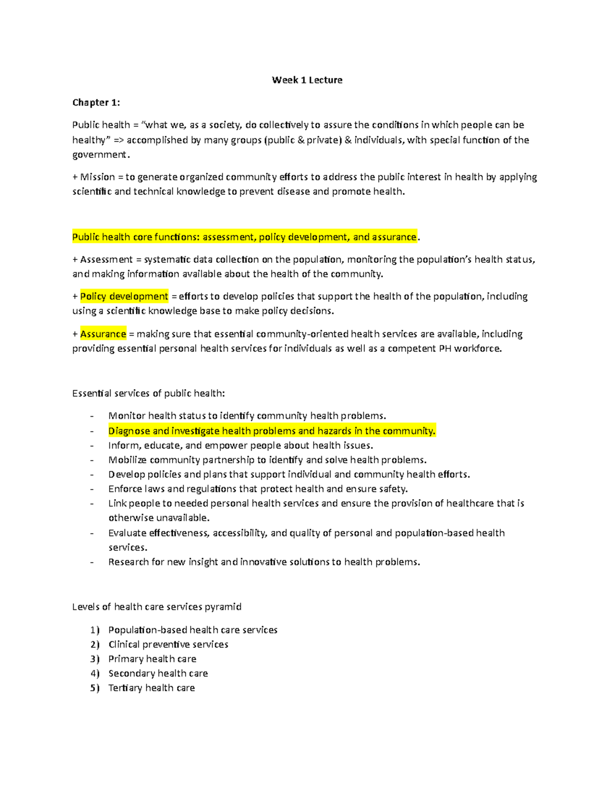 Week 1 Lecture Notes - NURS 340 - Intro to Public Health Concepts - Studocu