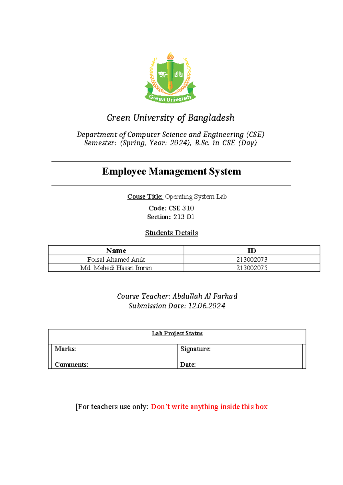 CSE 310 Operating System Lab Project Report on Employee Management System - Studocu