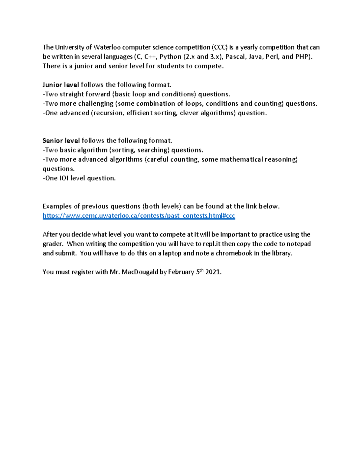 Computer Science Competition Information - The University of Waterloo ...