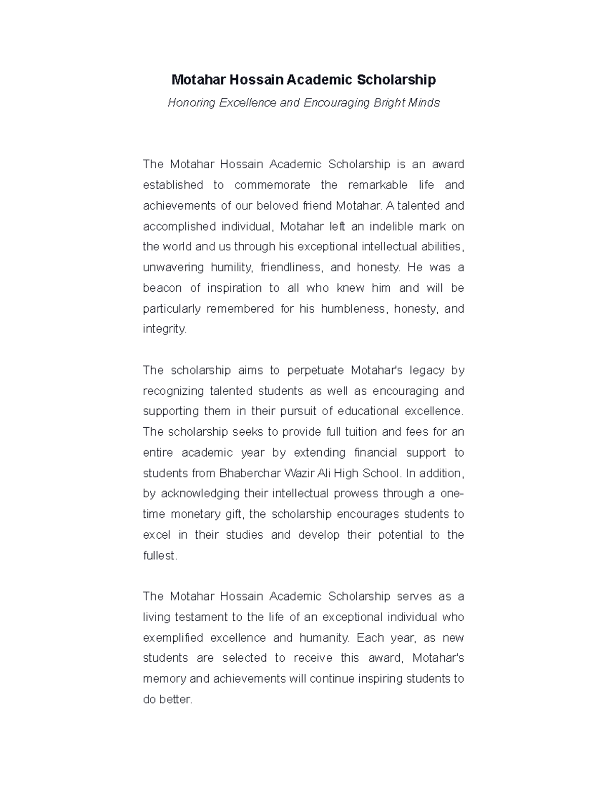 Motahar Hossain Academic Scholarship - A talented and accomplished ...