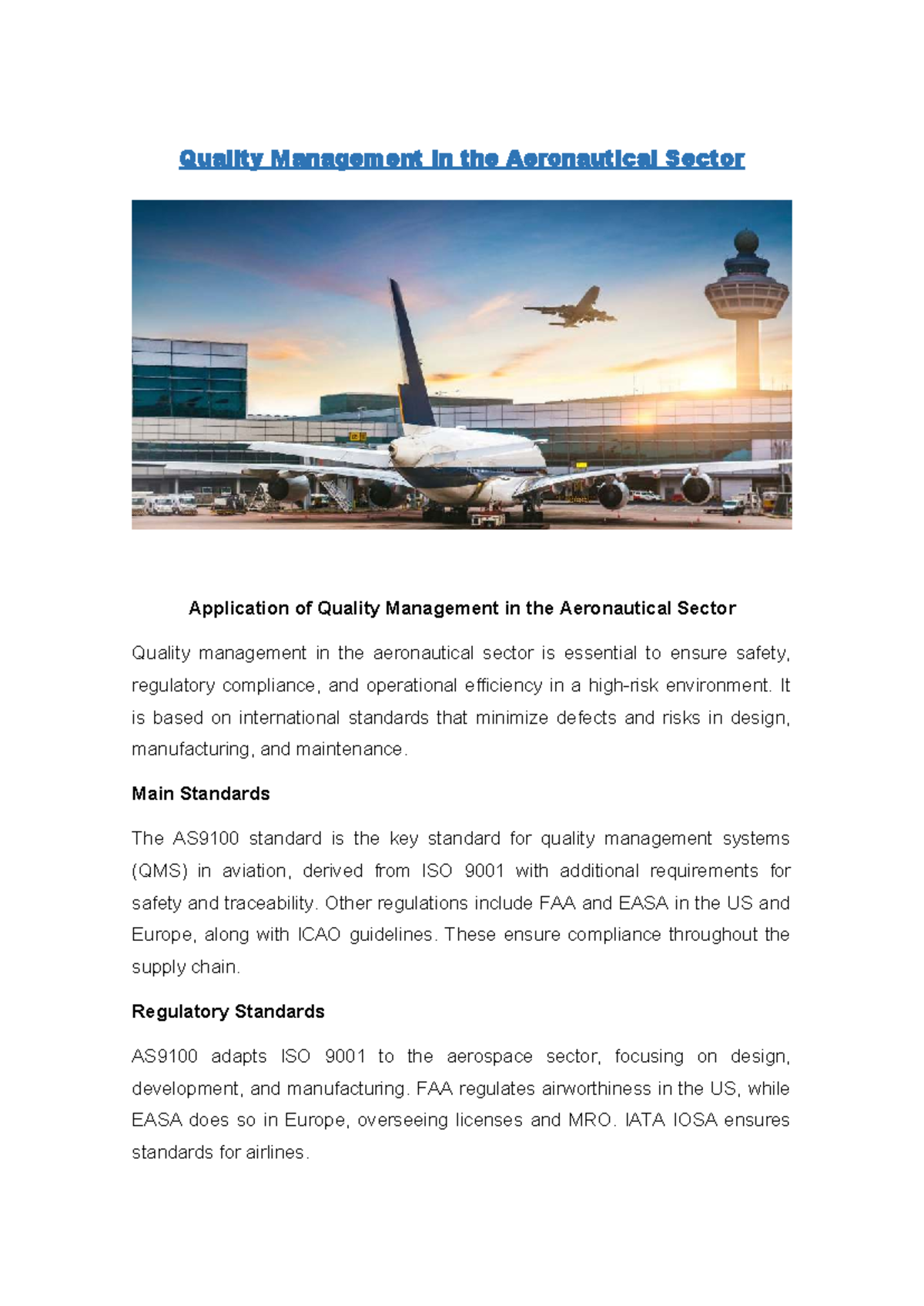 Final Project: Quality Management in Aeronautics (ENG 101) - Studocu