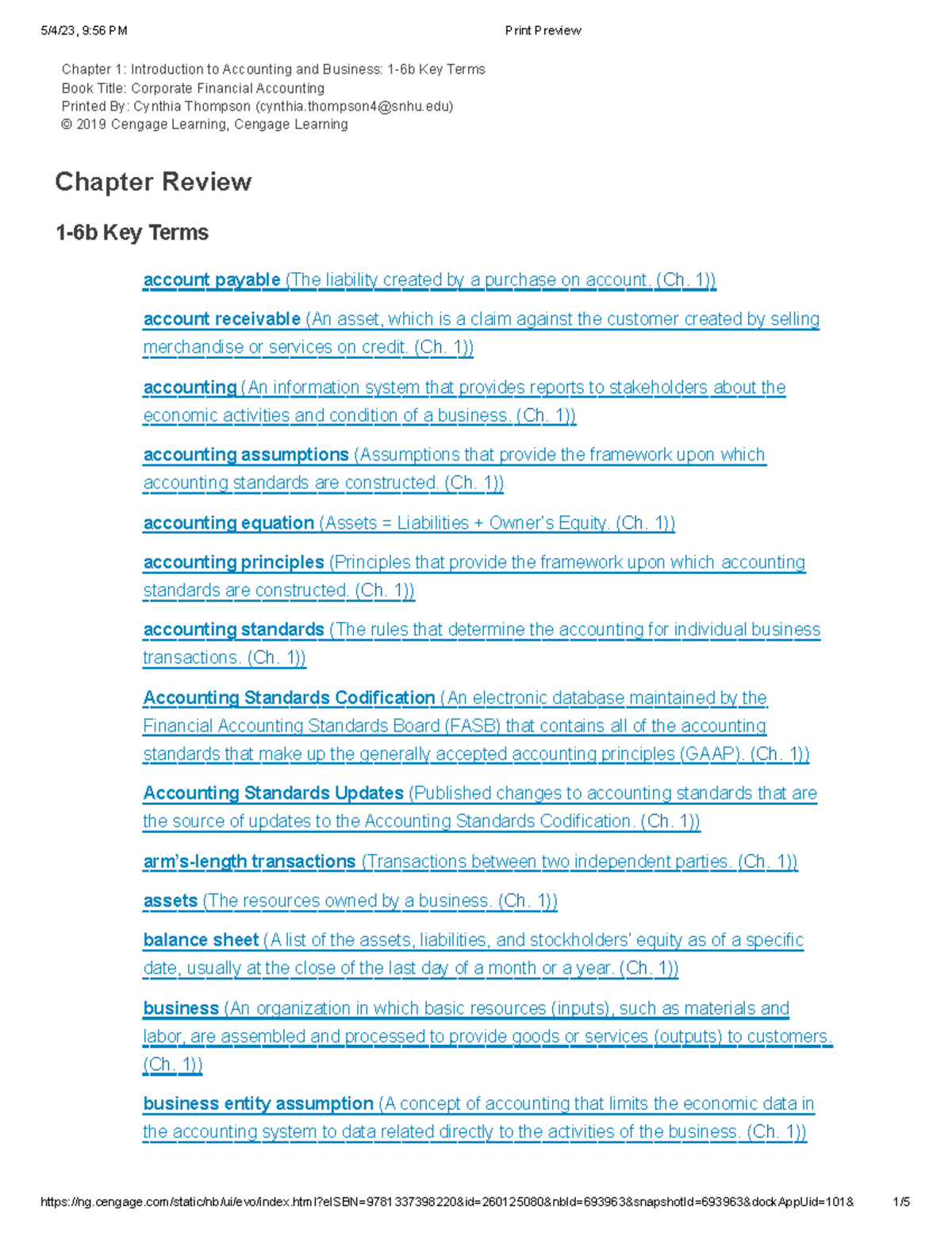 1-6b Chapter review key terms Mind Tap - Cengage Learning - Chapter 1 ...