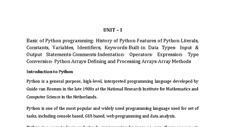 UNIT I Python Programming Basics: Constants, Variables, and Data Types ...