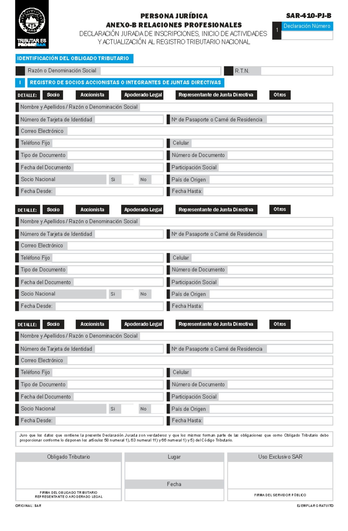 Formulario 410 PJ B - Declaración Jurada y Registro Nacional - Studocu