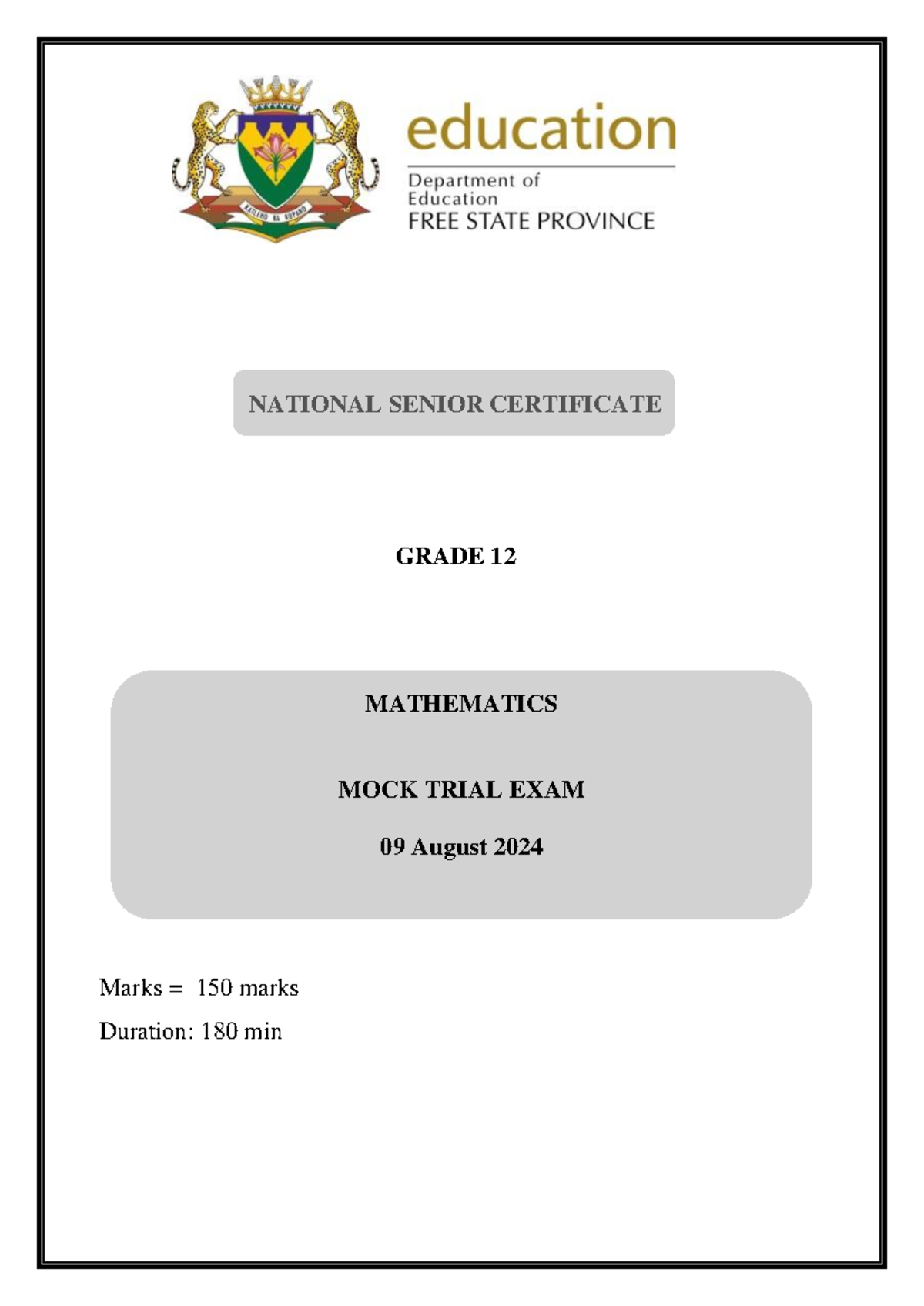 Grade 12 Mathematics MOCK Trial EXAM 2024 - Comprehensive Guide - Studocu