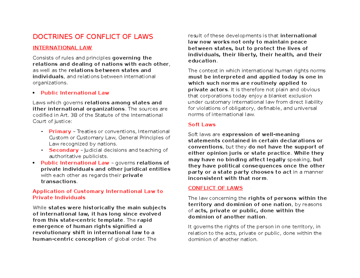 CFL - DOCTRINES OF CONFLICT OF LAWS INTERNATIONAL LAW Consists of rules ...